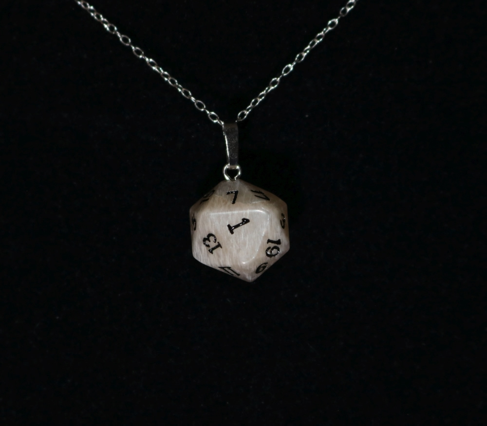 Crystal Caste: Moonstone D20 Silver Pendant