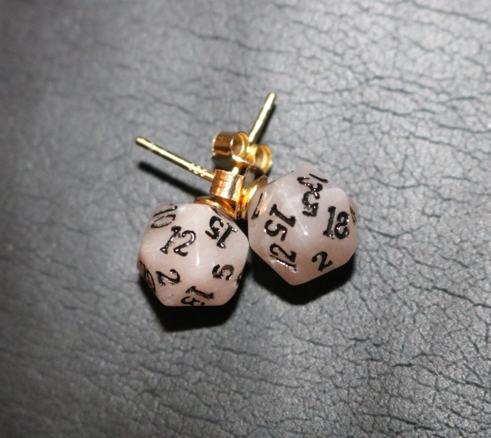 Crystal Caste: Moonstone D20 Gold Earrings with Gold Posts