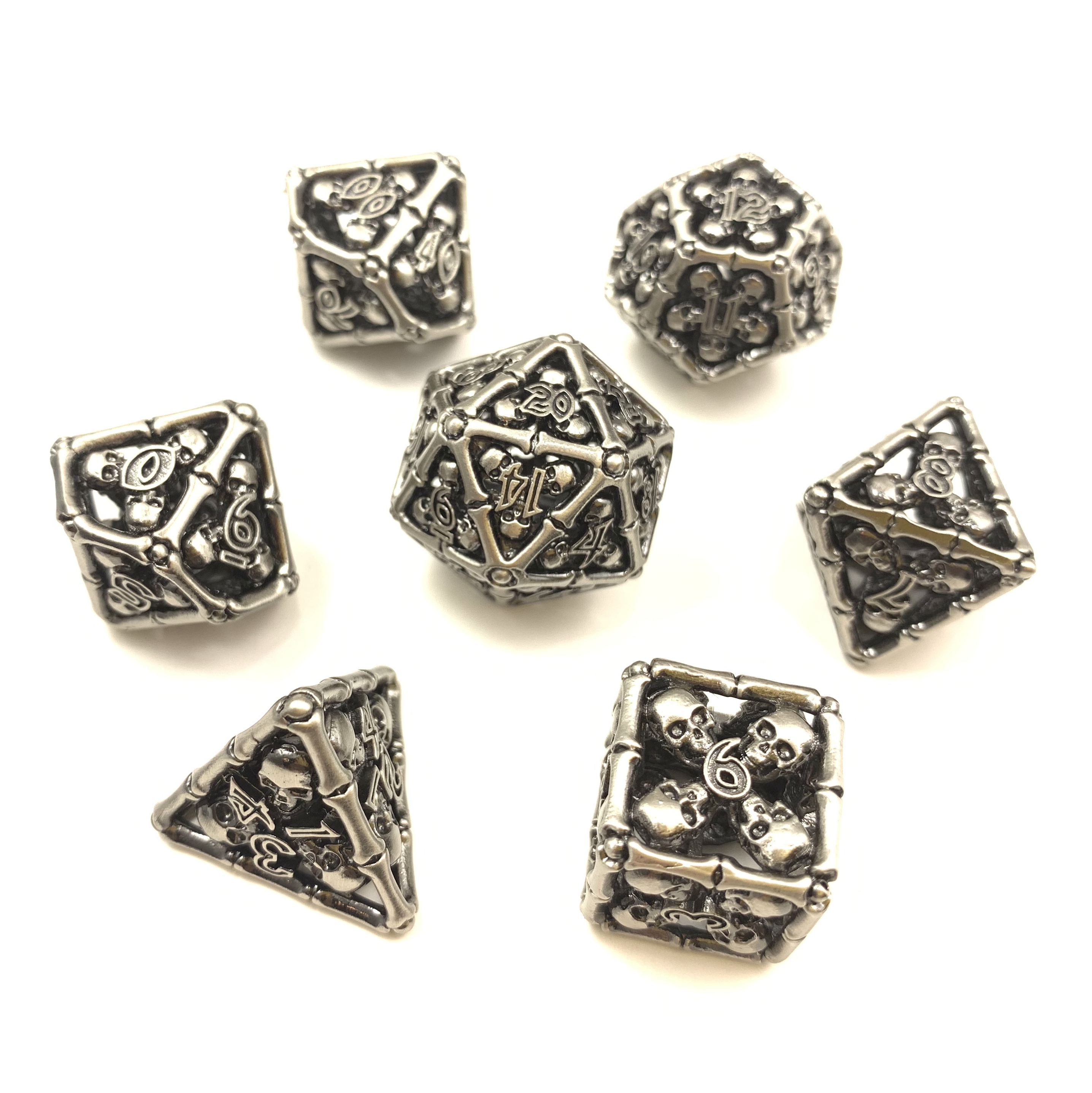Crystal Caste: Skull & Bones Antique Hollow Silver 16mm 7 piece set